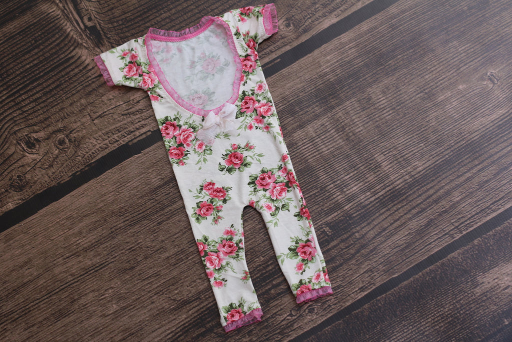 Floral Short Sleeve Romper / Open Back Onesie with Short sleeves and L ...
